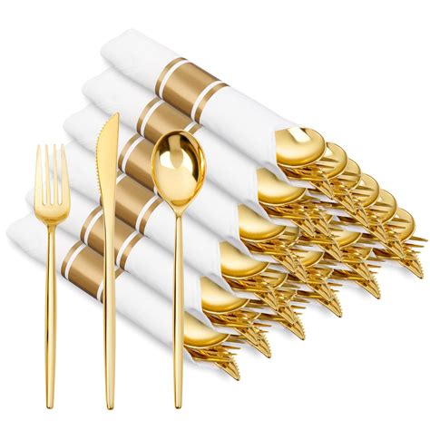 Sut 50 Pack Pre Rolled Silverware Set Disposable 200pcs Gold Plastic Utensils Include 50 Forks