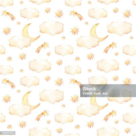 수채화 원활한 패턴 구름 달과 별 별이 빛나는 하늘 배경 어린이 방에 이상적입니다 좋은 밤 인쇄 베이비 샤워 인사말 카드 직물 섬유 포장지에 적합 0명에 대한 스톡 벡터