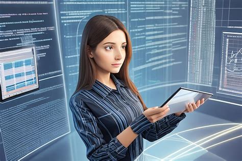 Software Coding Hologram And Woman Analyzing Data On Tablet Premium