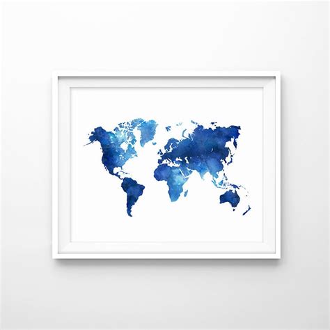 Navy Blue Watercolor World Map Print Blue World Map Poster Etsy