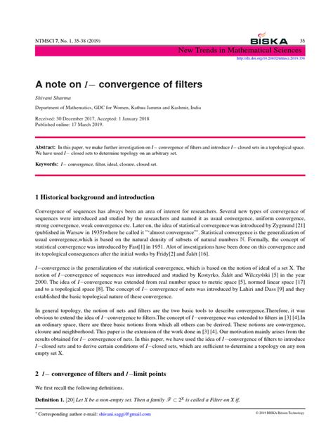 A Note On I Convergence Of Filters Pdf Limit Mathematics Mathematics