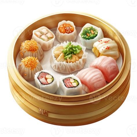 Assorted Dim Sum Dishes In A Bamboo Steamer 55182694 Png