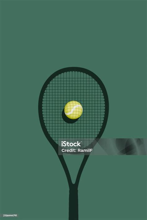 짙은 녹색 배경에 라켓의 그림자 아래 테니스 경기에 대한 노란색 공의 평면도입니다 3d 일러스트레이션 렌더링 엽서 전단지 포스터를 위한 사본 공간이 있는 창조적인 스포츠