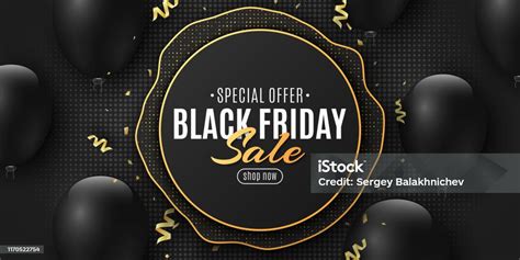 블랙 프라이데이 판매를위한 추상 기하학적 배너 비행 색종이와 뱀 검은 색 풍선입니다 글자 어두운 배경과 하프 톤 효과 계절별 쇼핑 벡터 그림입니다 Eps 10 블랙