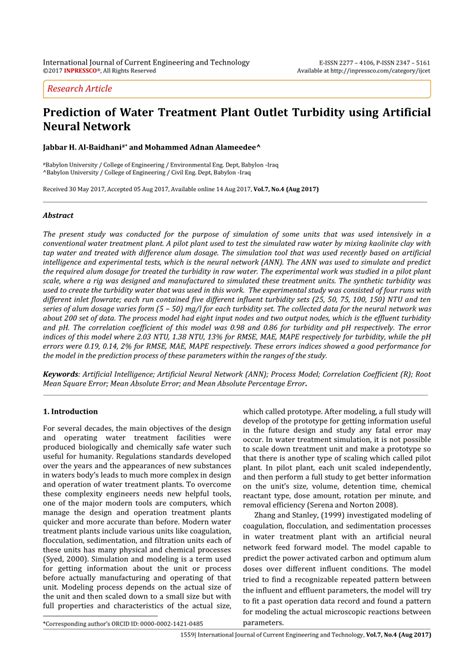 Pdf Prediction Of Water Treatment Plant Outlet Turbidity Using Artificial Neural Network