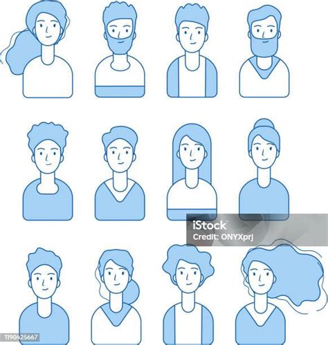 파란색 선 아바타입니다 다양한 남성과 여성 문자 익명 재미있는 얼굴 용 인터넷 프로필 벡터 컬렉션 사람들에 대한 스톡 벡터 아트 및 기타 이미지 Istock