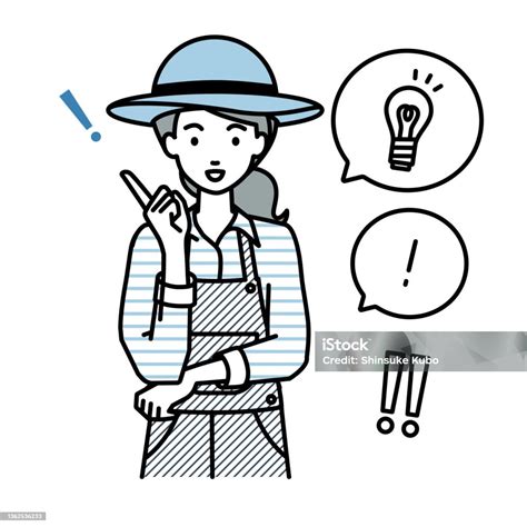 포인팅 핸드 제스처 전구와 느낌표 기호 세트와 함께 서 좋은 아이디어를 받고 농부 여자 가리키기에 대한 스톡 벡터 아트 및 기타