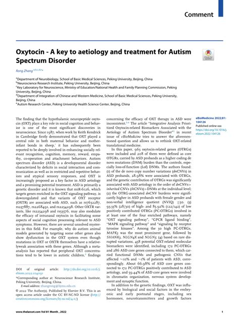 Pdf Oxytocin A Key To Aetiology And Treatment For Autism Spectrum Disorder