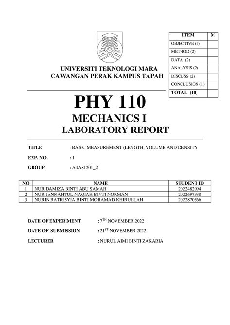 PHY110 LAB Report E1 Mechanics 1 UiTM Studocu