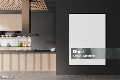 나무 요소가 있는 현대적인 주방 인테리어의 빈 포스터 모형 3d 렌더링 0명에 대한 스톡 사진 및 기타 이미지 0명 3차원 형태 가구 Istock