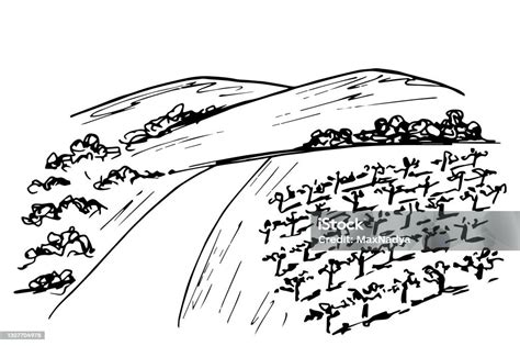 손으로 그린 벡터 간단한 낙서 그리기 포도원 풍경 포도 덤불 시골 길 수평선에 산의 윤곽 나무의 행 조각 스타일 라벨 인쇄 와인 목록 포도밭에 대한 스톡 벡터 아트 및 기타