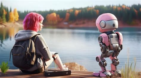 Premium Ai Image Young Girl Looking Robot