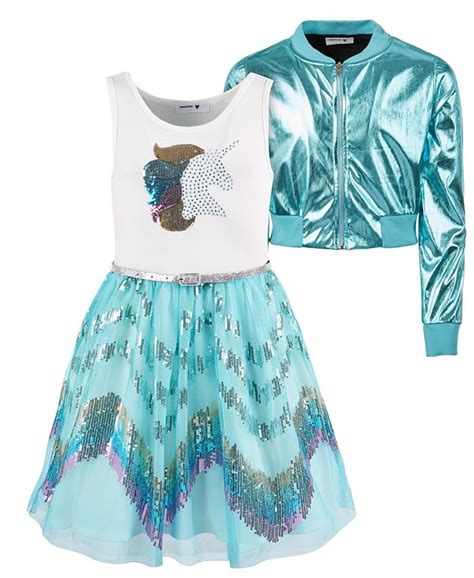 Beautees Big Girls 2 Pc Metallic Bomber Jacket And Unicorn Dress Set