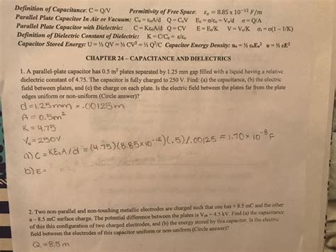 Solved Definition Of Capacitance C Q V Permittivity Of