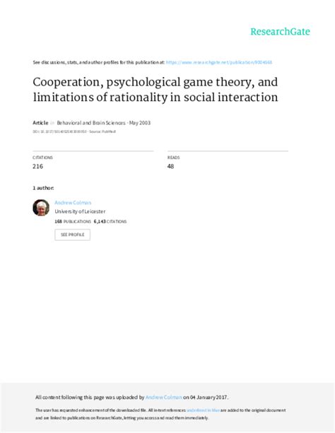 Pdf Cooperation Psychological Game Theory And Limitations Of