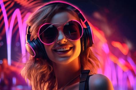 Premium Ai Image Happy Attractive Girl Smiling Dj Using Dj Turntable