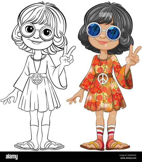 Two Girls In 60s Attire Flashing Peace Signs Stock Vector Image And Art