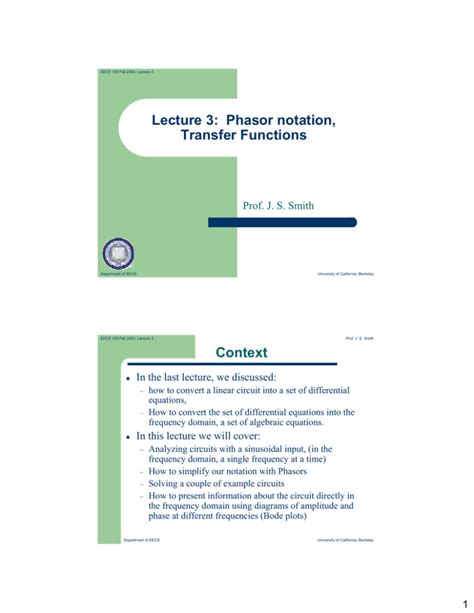 Lecture 3 Phasor Notation Transfer Functions Context