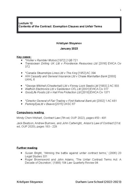 Lecture 12 Contents Of The Contract Exemption Clauses And Unfair Terms