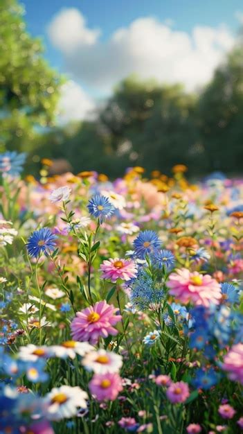 A Field Of Colorful Wildflowers Under A Blue Sky With White Clouds
