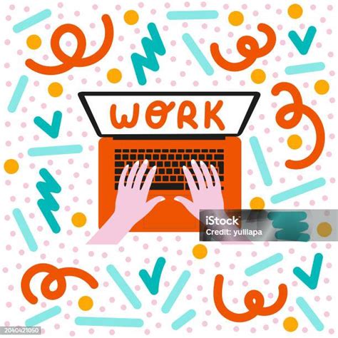 여자 손 노트북의 키보드 벡터 일러스트 레이 션 평면도 낙서로 글자를 작업하십시오 온라인 작업 프리랜서 재택 작업 계획에 대한 스톡 벡터 아트 및 기타 이미지 Istock