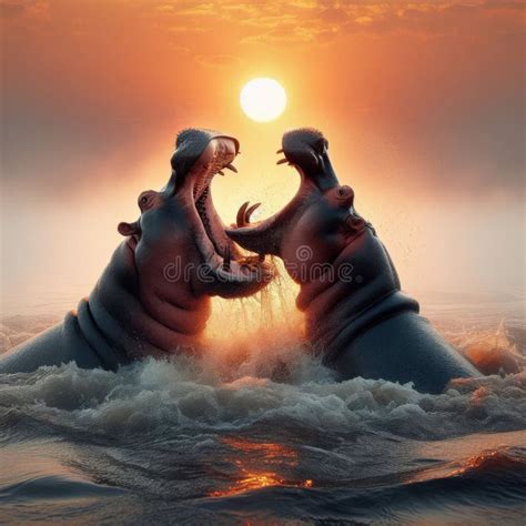 Two Hippopotamuses Fighting In River At Day Break Stock Illustration