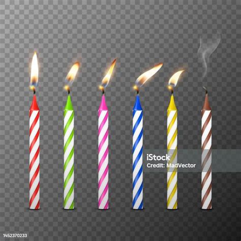 벡터 3d 현실적인 파라핀 또는 왁스 불타는 생일 파티 촛불과 촛불 아이콘 세트의 다른 불꽃이 격리되어 있습니다 디자인 서식 파일 클립 아트 생일 개념 3차원 형태에 대한