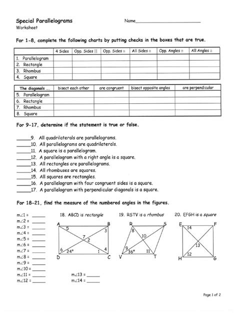 Special Parallelograms Worksheet Pdf