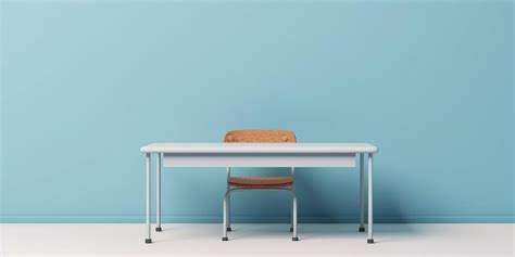 Mockuplight Blue Classroom Empty Teachers Table Front View Minimal