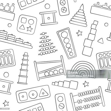 몬테소리 게임을위한 어린이 나무 장난감 손으로 그린 아기 원활한 패턴 유치원 아이들을위한 논리 장난감 어린 시절 개발을위한 몬테소리 시스템 흰색 배경의 벡터 그림 몬테소리