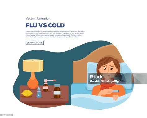 감기 독감의 증상과 침대에서 아픈 소녀 감기와 독감에 대한 스톡 벡터 아트 및 기타 이미지 감기와 독감 개념 건강관리와 의술 Istock