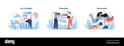 Career Progression Set Displaying Climbing The Ladder Earning Promotions And Plotting A Growth