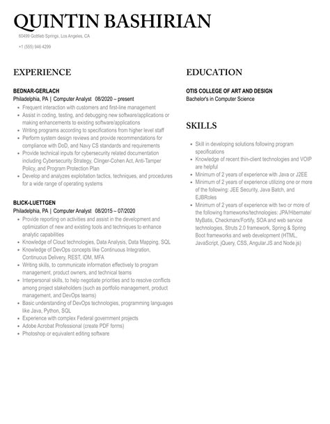 Computer Analyst Resume Samples Velvet Jobs