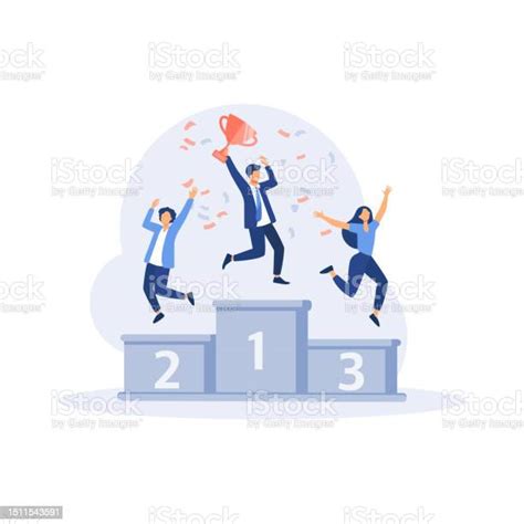 연단에 서있는 사람들은 처음 세 자리를 차지하고 트로피 컵과 함께 공중으로 점프하고 플랫 벡터 현대 일러스트레이션 강단에 대한
