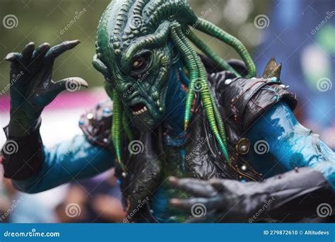 Close Up Of Alien With Dance Moves And Costume During Festival Stock