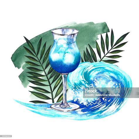 블루 라군 칵테일 파란 음료와 바다 파도를 묘사 한 구성 수채화 손으로 그린 그림입니다 메뉴 전단지 배너 엽서 디자인 초대장 포스터 라벨용 0명에 대한 스톡 벡터 아트 및