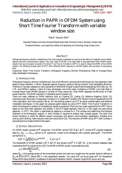 Pdf Reduction In Papr In Ofdm System Using Short Time Fourier