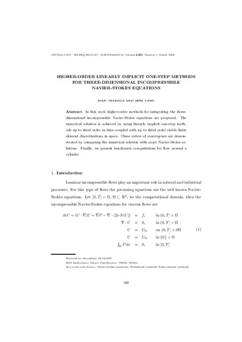 Pdf Higher Order Linearly Implicit One Step Methods For Three Dimensional Incompressible