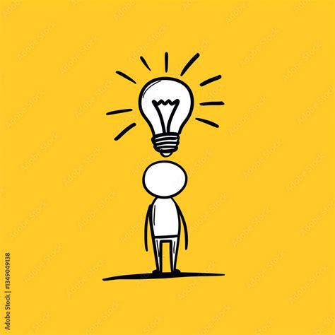 Stick Figure Person With A Light Bulb Above Their Head On A Yellow Background A Simple Line