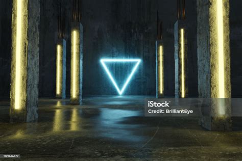 파란색의 3d 렌더링 밝게 콘크리트 기둥과 웅덩이와 그런 지 바닥으로 삼각형 모양으로 거꾸로 다음 삼각형에 대한 스톡 사진 및 기타 이미지 Istock