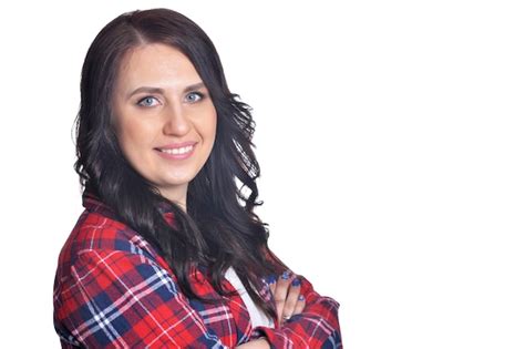 Premium Photo Close Up Portrait Brunette Beautiful Girl Office Worker Isolated On White Background