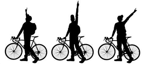 자전거를 탄 관광객 자전거를 가진 사람들의 그룹 한 남자가 서서 주위를 둘러보며 손으로 방향을 보여줍니다 경로 검색 자전거 관광 측면도 검은 실루엣이 고립되어 있습니다 3