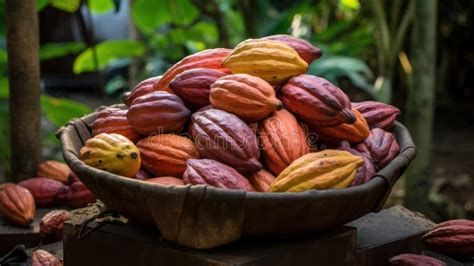 Cocoa Seed Or Cacao Beans And Green Leaf Or Leaves In Wood Scoop And
