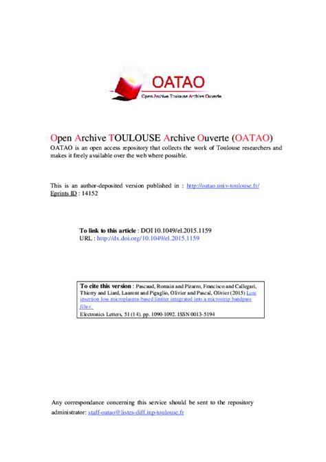 Pdf Low Insertion Loss Microplasma Based Limiter Integrated Into A