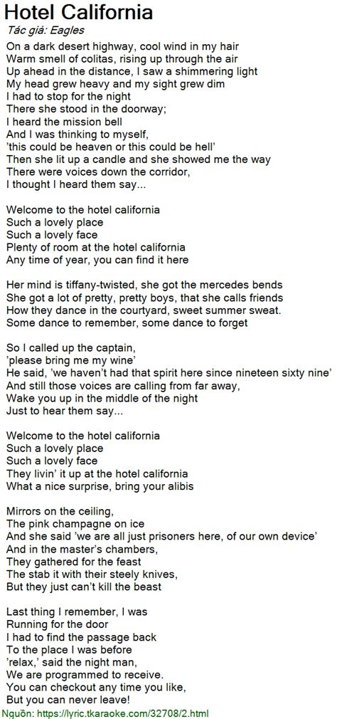Lời Bài Hát Hotel California Eagles [có Nhạc Nghe]