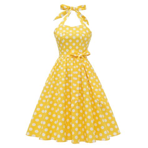 Womens Vintage Dress Polka Dots Halter Neck Lace Up Summer Sleeveless