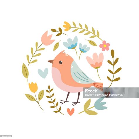 귀여운 새와 꽃 원형 그림 벡터 꽃 봄 손으로 그린 인쇄 스티커 카드에 대 한 디자인 꽃 식물에 대한 스톡 벡터 아트 및 기타 이미지 꽃 식물 새 나뭇가지 Istock