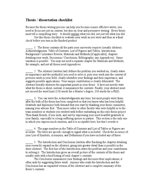 Thesis Dissertation Checklist Pdf Thesis Proofreading