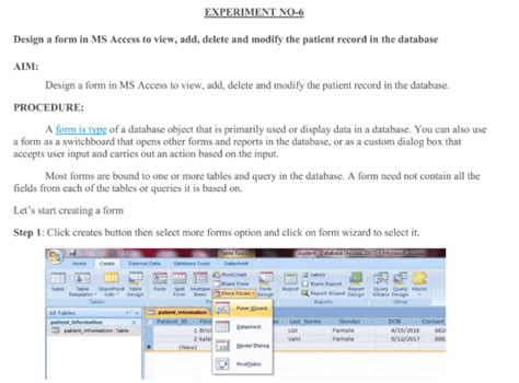 Experiment 6 Design A Form In Ms Access To View Delete And Modify The Patient Records In The