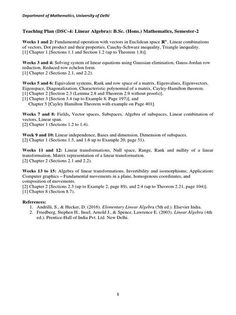 Teaching Plan Maths Second Semester Courses Pdf Eigenvalues And Eigenvectors Vector Space